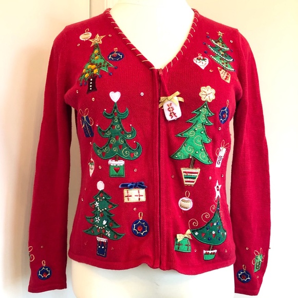 Tiara | Sweaters | Red Holiday Zip Cardigan Christmas Trees Sweater ...